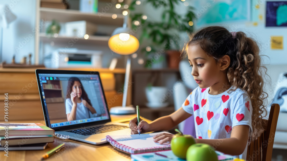 young girl engaged in an online learning session, writing notes while ...