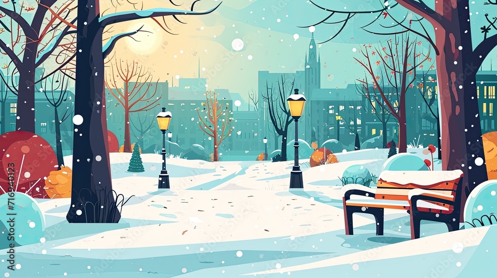 Cartoon winter park. A simple and whimsical illustration of a snowy ...