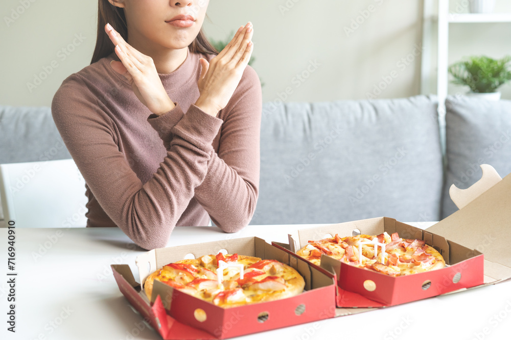 Diet concept, unhappy asian young woman, girl refusing to eat Pizza in ...