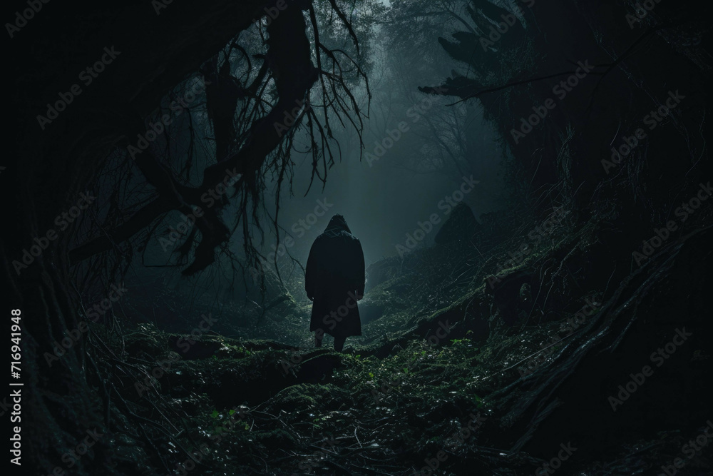Dark and ominous forest with mysterious figure lurking in the shadows ...