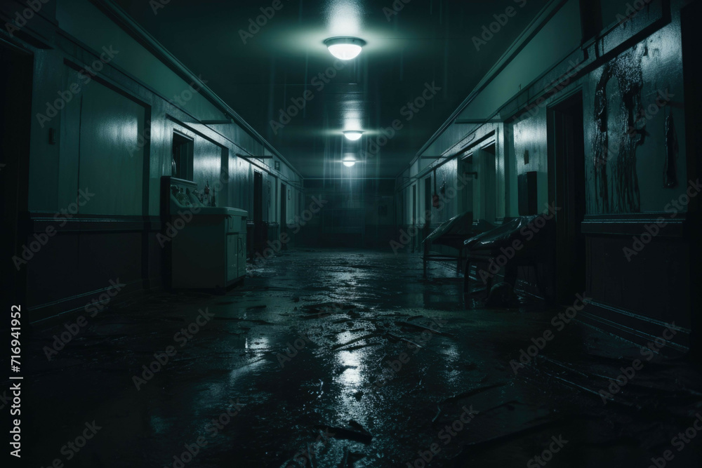 Dark and creepy hospital with flickering lights and ghostly figure in ...