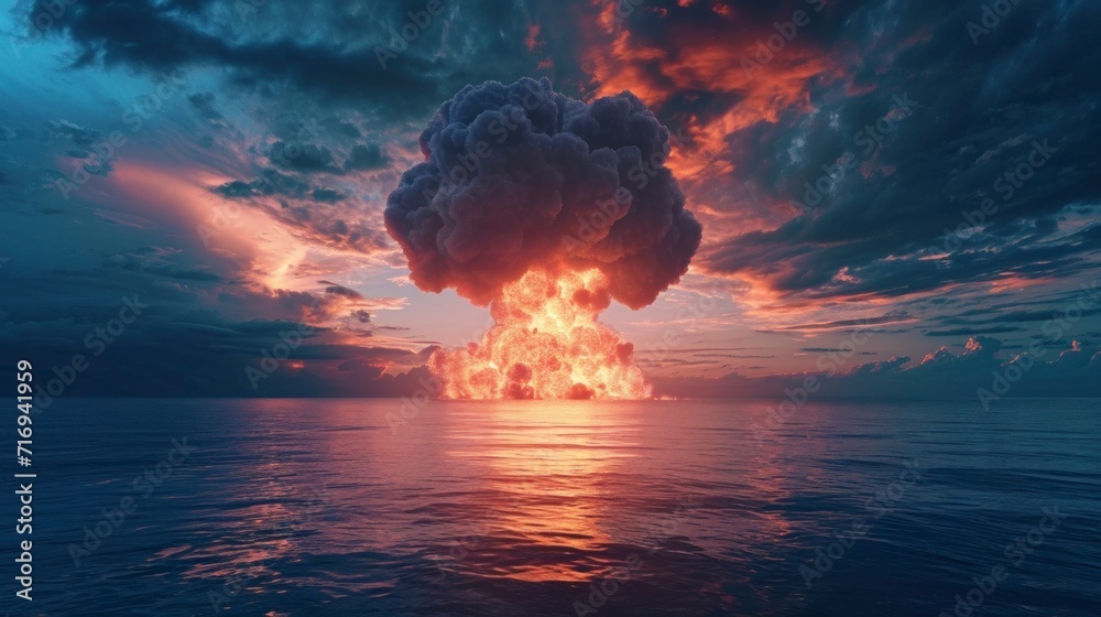 huge explosion of a nuclear bomb in the sea with gray smoke all over ...