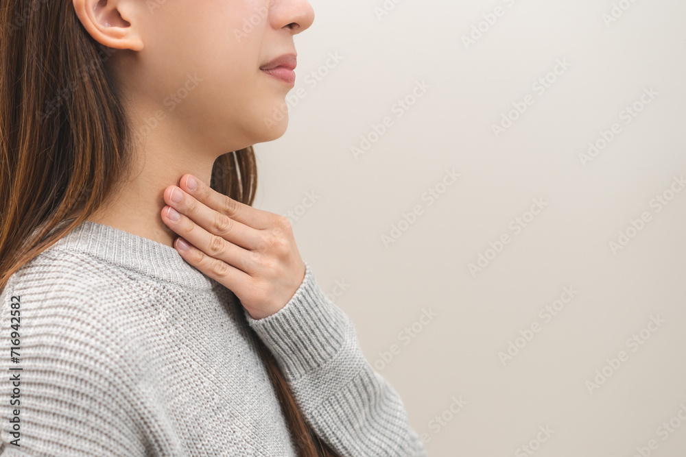 Sickness in inflaming asian young woman, girl use hand check self touch ...