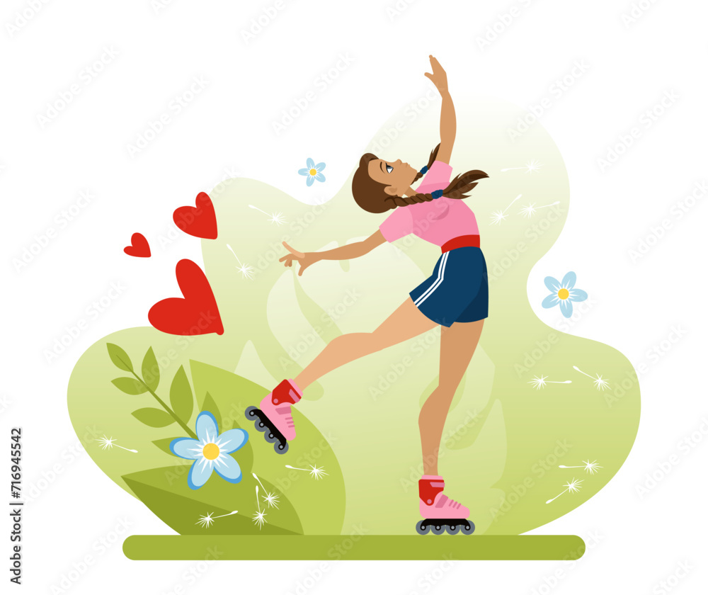 Summer roller skating in the park. A romantic date in the park. An ...