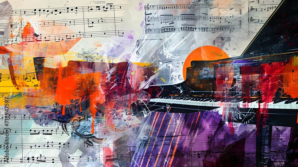 A musical collage incorporating sheet music instrument images and ...