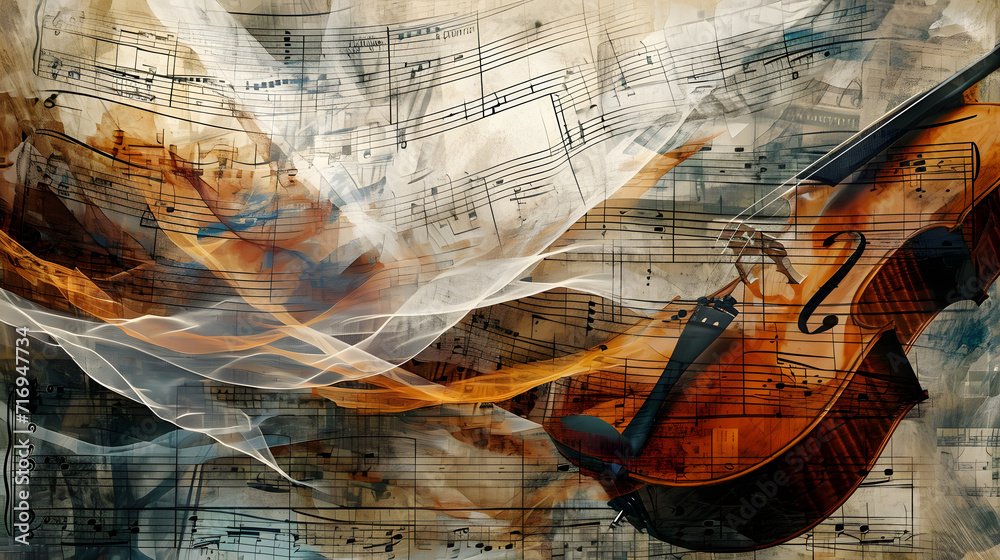 A musical collage incorporating sheet music instrument images and ...