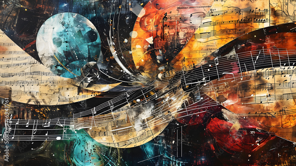 A musical collage incorporating sheet music instrument images and ...