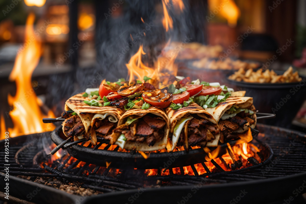 shawarma with fire flame , lamb on a spit. street food. Doner Kebab on ...