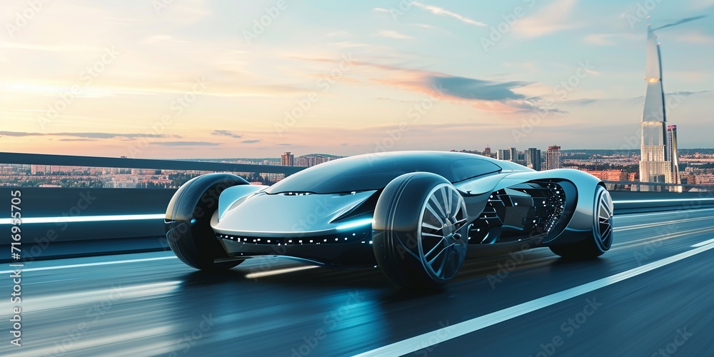 Futuristic EV car with motion lighting on highway with full self ...
