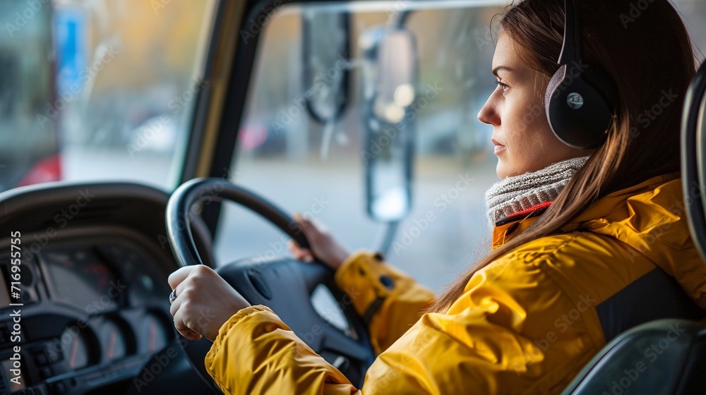 Professional female bus driver behind steering wheel. Gender equality ...