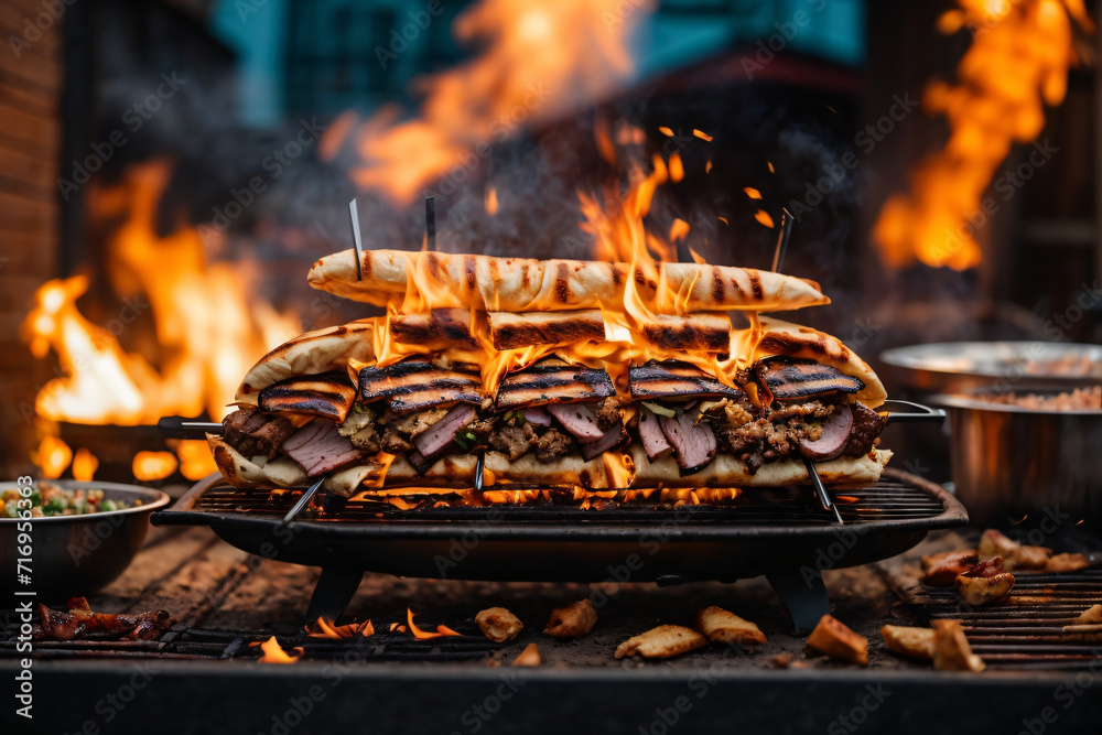 shawarma with fire flame , lamb on a spit. street food. Doner Kebab on ...