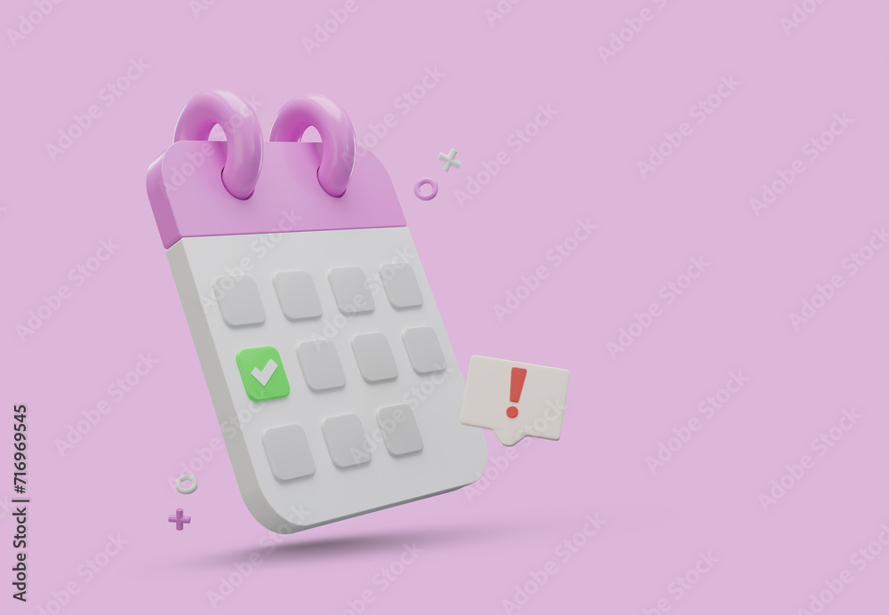3d calendar with checkmark on a date, alert message, time management ...