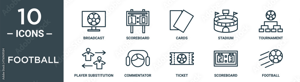 football outline icon set includes thin line broadcast, scoreboard ...