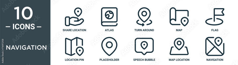 navigation outline icon set includes thin line share location, atlas ...