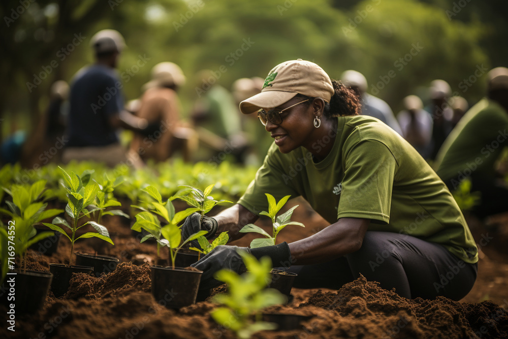 A celebratory scene of volunteers organizing a community event to raise ...