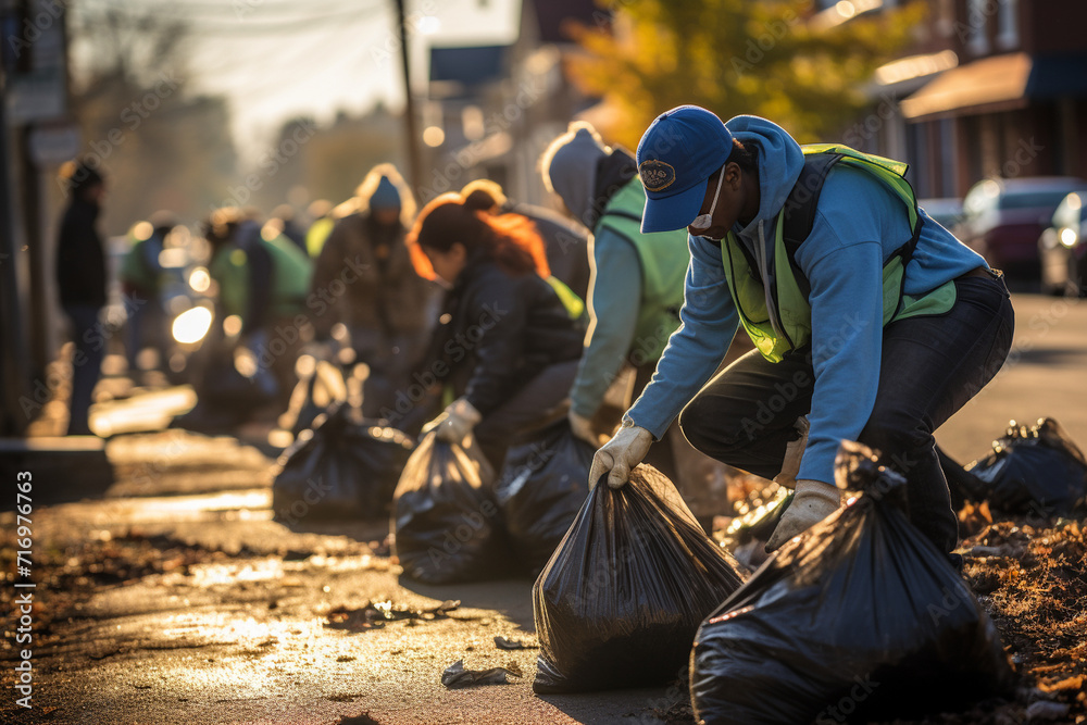 A powerful image capturing volunteers organizing a community-wide clean ...