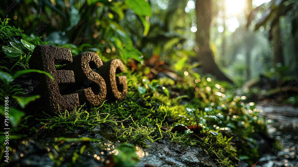 ESG concept vividly displayed as leafy letters on a lush background ...