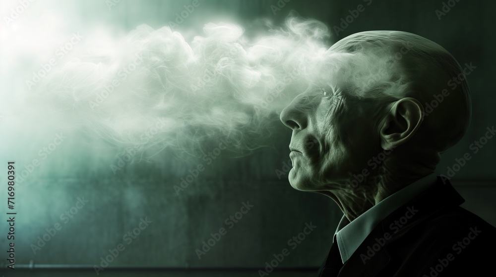 Side-on portrait of an old man with smoke pouring out his head, smoking ...