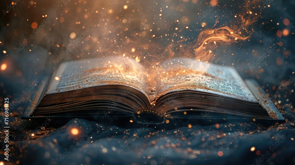 An open book placed on a table with flames bursting out of its pages ...