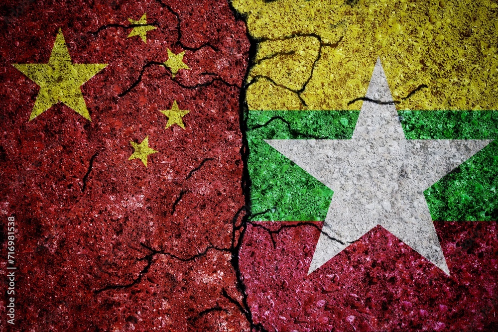 China and Myanmar flags on a wall with a crack. Myanmar and China ...