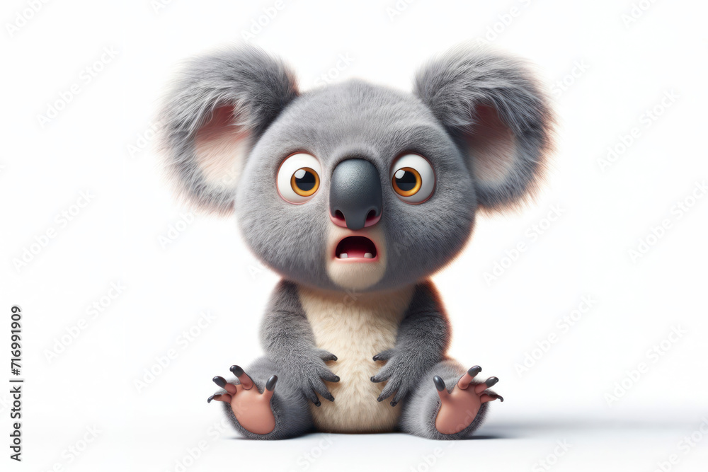 full body Funny Portrait of surprised koala with bulging big eyes on solid white background. ai ...
