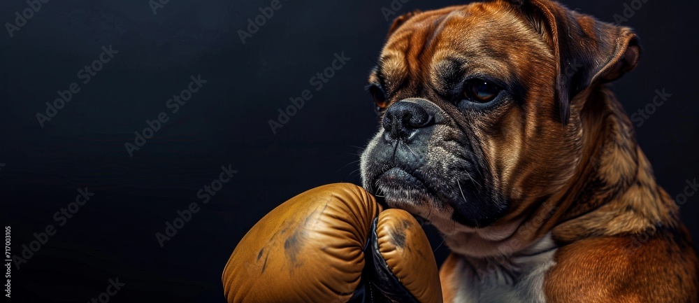 A fierce boxer bulldog stands ready to defend his title, his paws clad ...