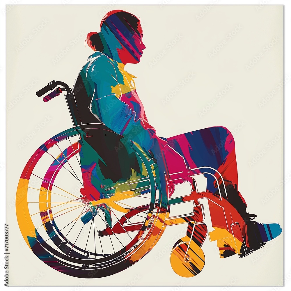 ภาพประกอบสต็อก Colorful drawing, woman or girl sitting on a wheelchair ...