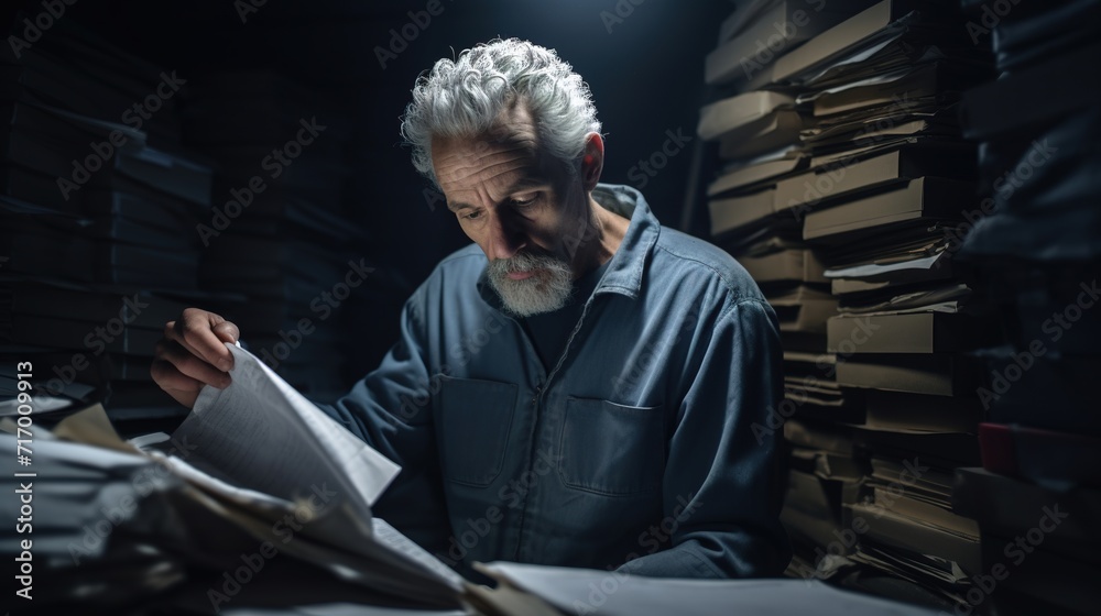 Old skinny janitor with long, gray hair. Economic problems. Work ...