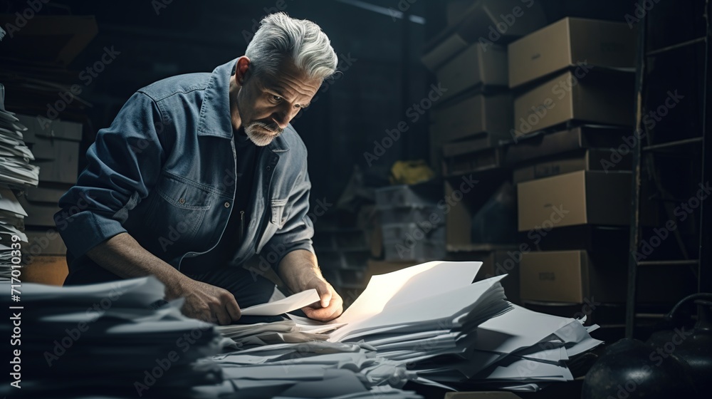 Old skinny janitor with long, gray hair. Economic problems. Work ...