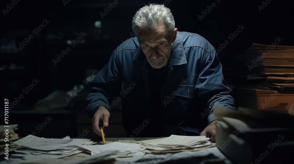 Old skinny janitor with long, gray hair. Economic problems. Work ...