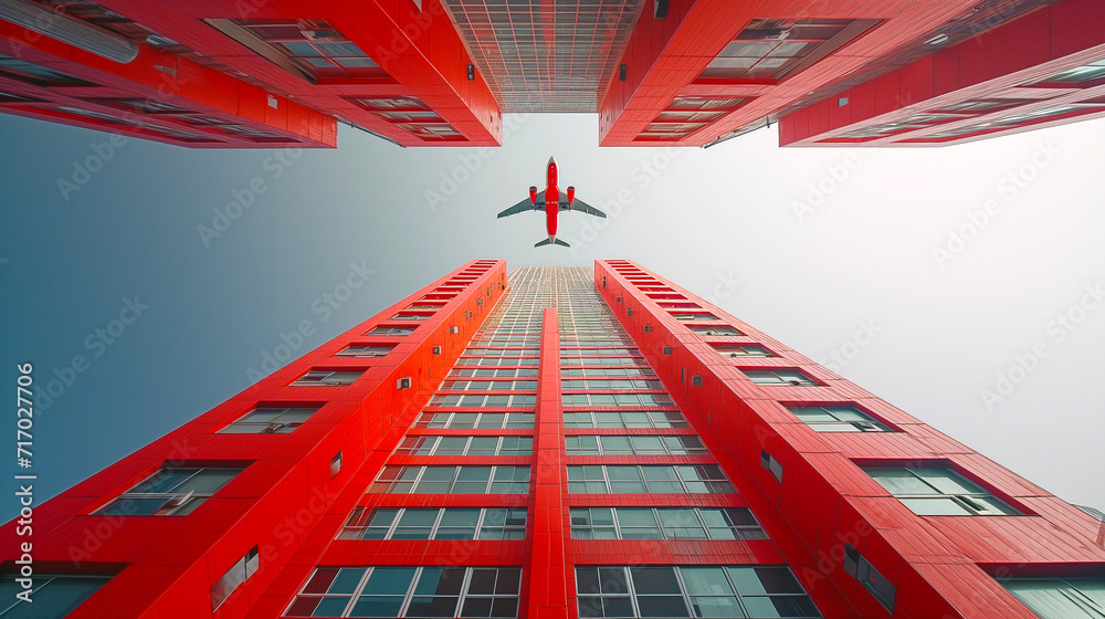 Looking up from the ground, a plane flies directly overhead between two ...