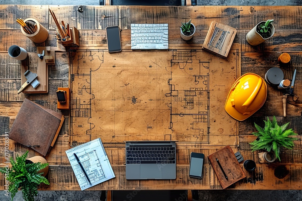 gold lay top view desk work table with Blueprint drawing,Yellow Helmet ...