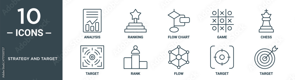 strategy and target outline icon set includes thin line analysis ...