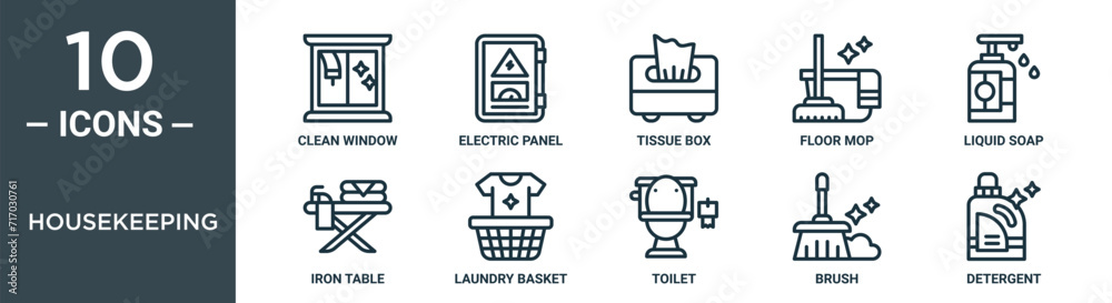 housekeeping outline icon set includes thin line clean window, electric ...