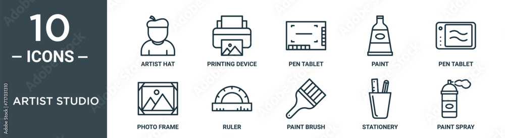 artist studio outline icon set includes thin line artist hat, printing ...