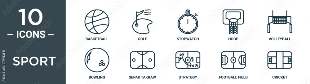 sport outline icon set includes thin line basketball, golf, stopwatch ...