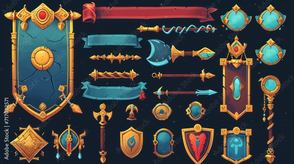 Game UI elements with gold frames in medieval style. Buttons, banners ...