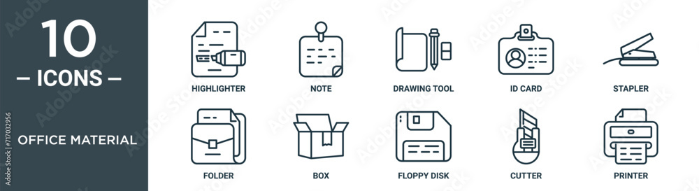 office material outline icon set includes thin line highlighter, note ...