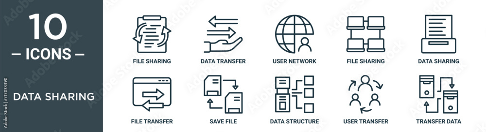 data sharing outline icon set includes thin line file sharing, data transfer, user network, file ...