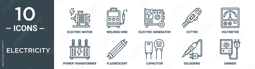 electricity outline icon set includes thin line electric motor, welding ...