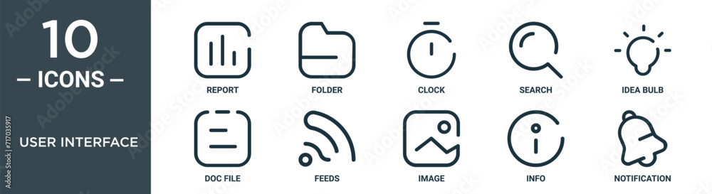 user interface outline icon set includes thin line report, folder, clock, search, idea bulb, doc ...