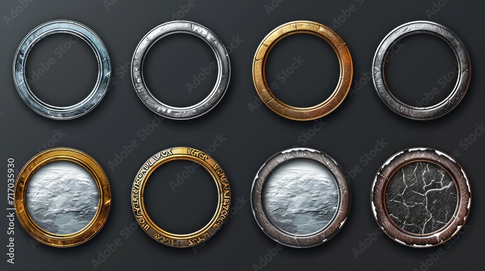 Set Of Round Ui Game Frames Textured Circles Made Of Silver Gold