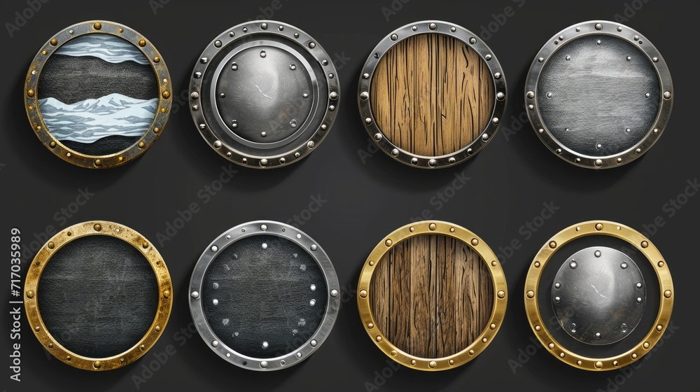 Set of round ui game frames, textured circles made of silver, gold ...