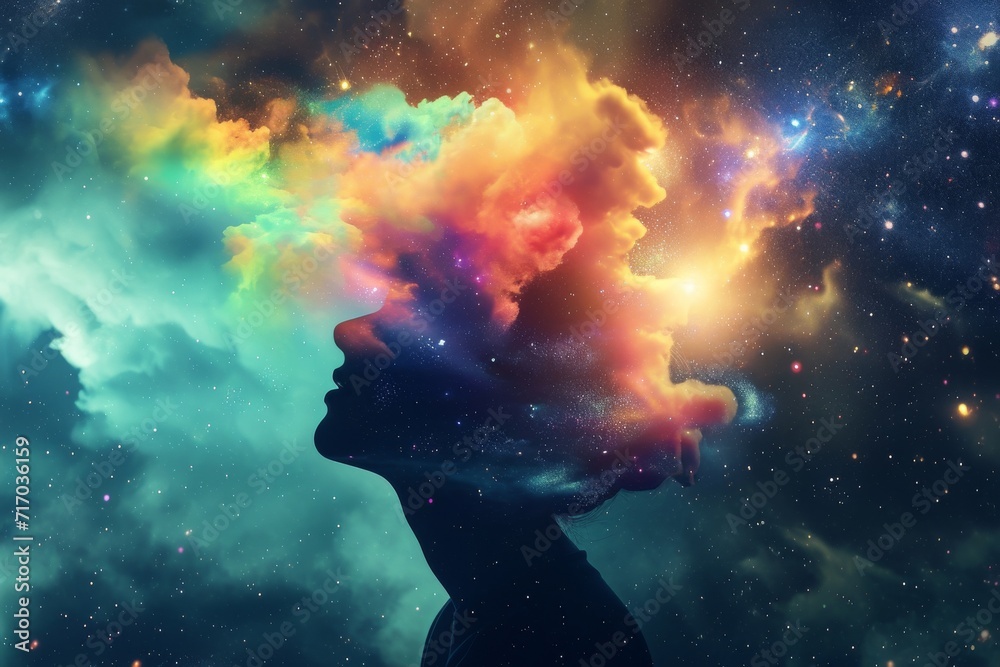 A scene where a person's thoughts are visualized as a colorful aurora ...