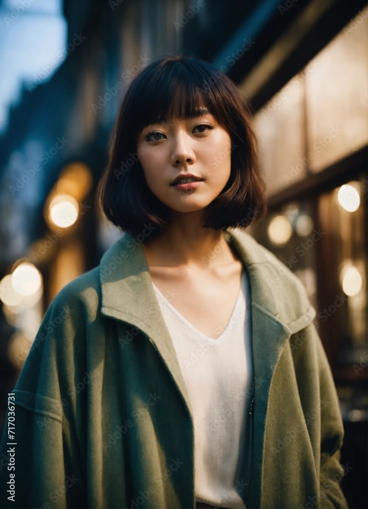 Portrait of a beautiful japanese fashion model with bob-cut hair and a ...