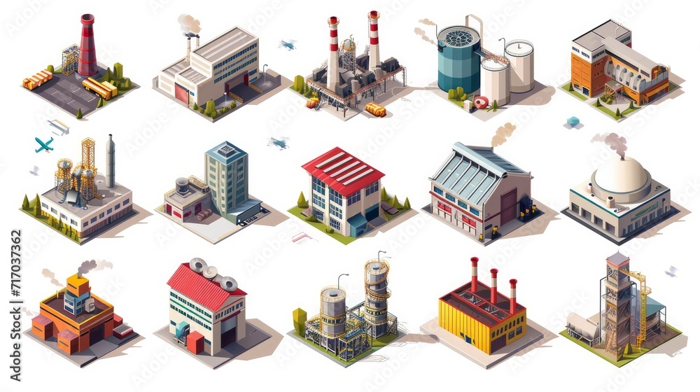 Vector isometric buildings icon set. Factories, plants, warehouse ...