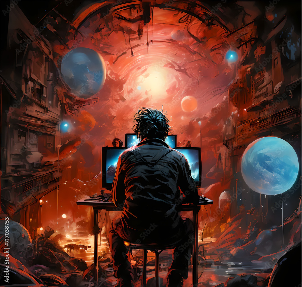 Depict a skilled cyberpunk hacker in a futuristic setting, surrounded ...