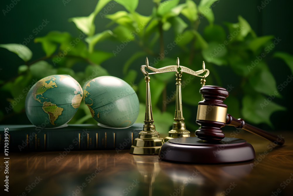 nternational Law and Environment Law. Green World and gavel on a book with scales of justice ...