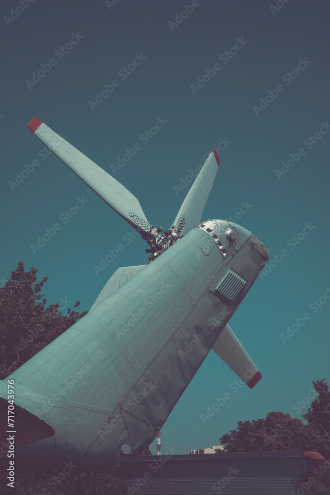 Old helicopter. Hull, chassis and propellers of an old helicopter ...
