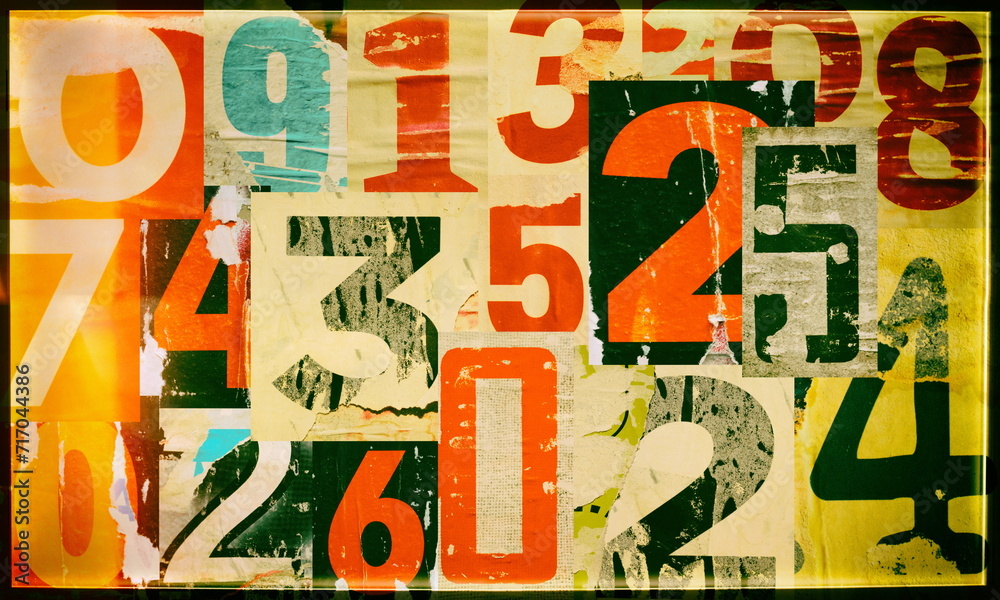 Collage of many numbers ripped torn advertisement street posters grunge ...